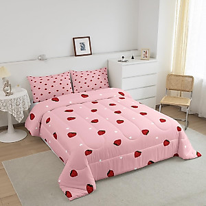 Feelyou Girls Strawberry Comforter Set Queen Size Cute Kawaii Bedding with 2 Pillowcases,3 Pieces