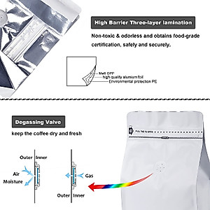 50 Count 16 Ounce Matt White Aluminum Foil Coffee Bags, Stand Up/Flat Bottom Coffee Pouches with Air Release Valve and Reusable Side Zipper (50, 16OZ, 1LB, 500G)