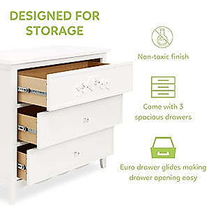 Sweetpea Baby Rose/Tiana Three Drawer Dresser in Ivory Lace, Made of Sustainable, Durable Pinewood, Easy to Assemble, Non-Toxic Finish, Wooden Nursery Furniture