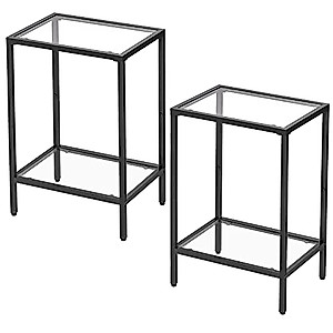 HOMSHO Side Tables Set of 2, End Tables with Tempered Glass, 2-Tier Nightstands with Storage Shelves, Slim Sofa Table for Living Room, Bedroom (2, Black)