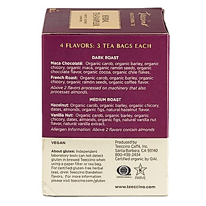 Teeccino Herbal Tea Sampler Assortment - Maca Chocolaté, French Roast, Hazelnut, Vanilla Nut - Roasted Caffeine Free Herbal Tea, Prebiotic for Natural Energy, 12 Tea Bags