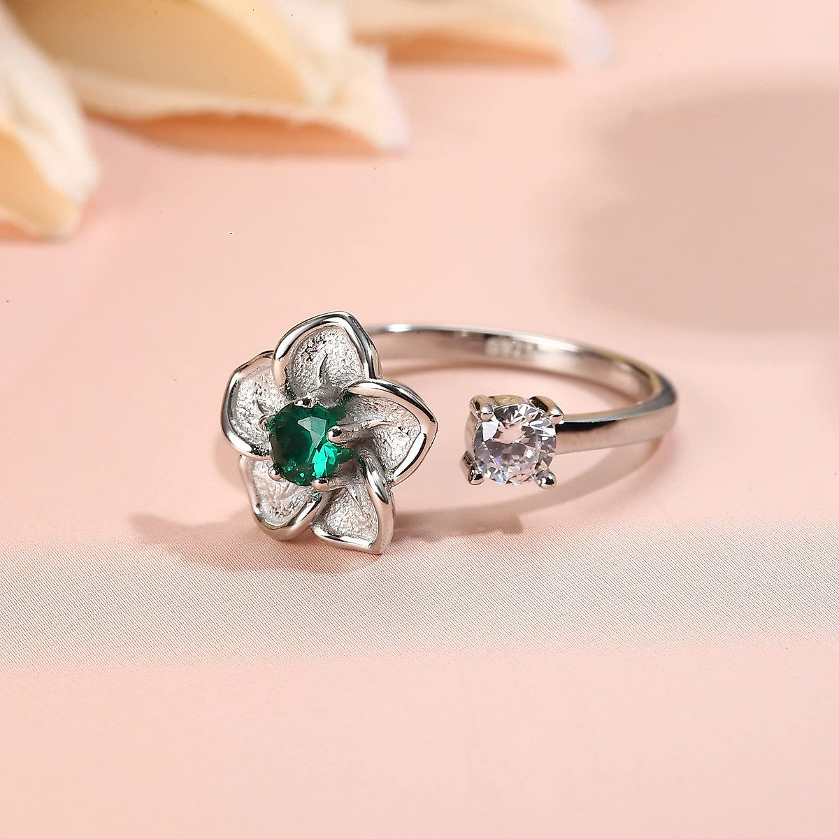 Ubjuliwa 925 Sterling Silver Anxiety Ring for Women May Birthstone Rings Adjustable Open Flower Rings Gifts Spin Rings Fidget Jewelry