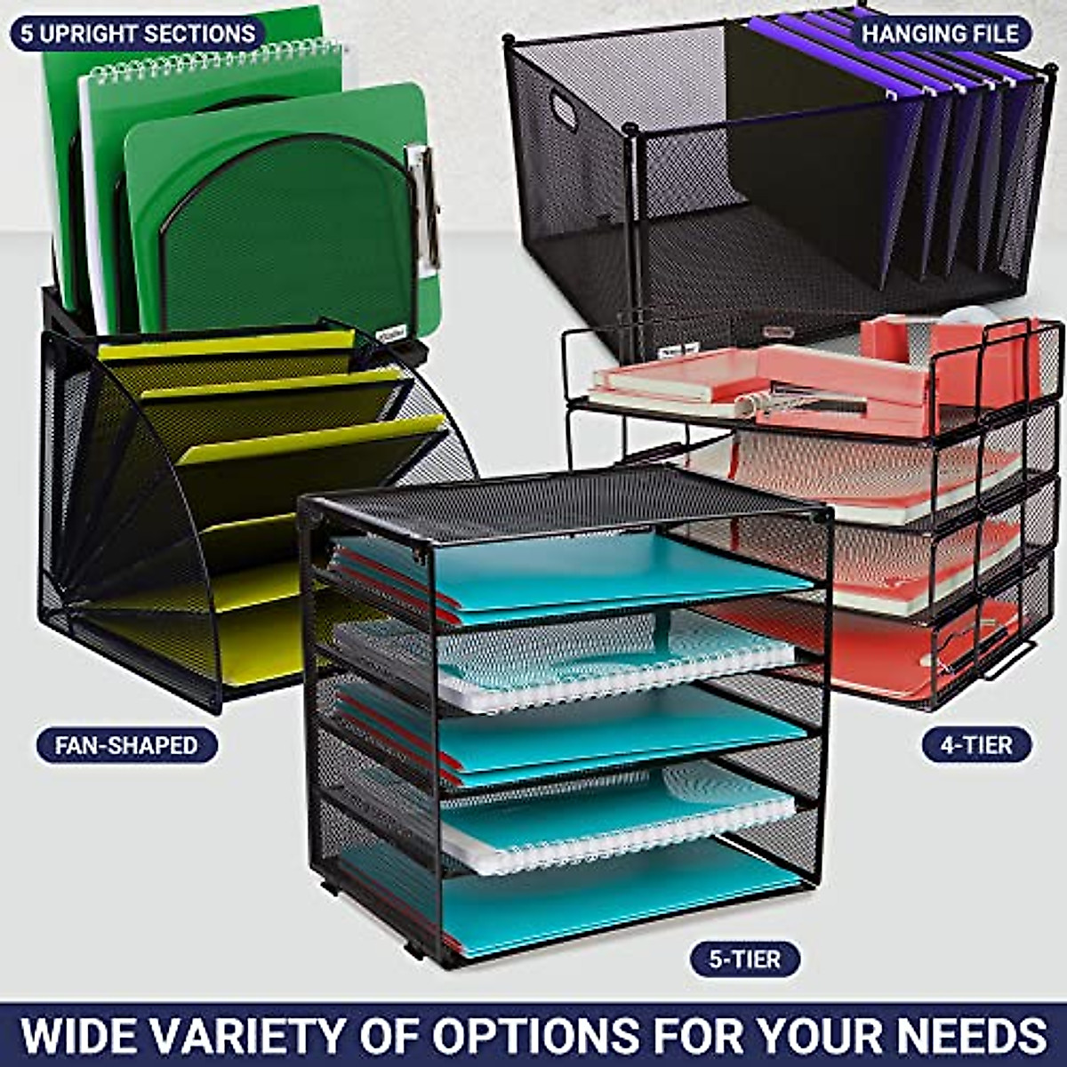 Desk Organizer Tray - Letter Tray in Black Metal Mesh for Organizing Files, Papers, Bills, Folders, Letters, Binders, and More. Desktop Paper Tray Rack for Home, Office, or School (5 Tier)