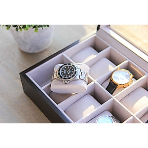 CASE ELEGANCE Solid Espresso 12 Slot Wood Watch Box Organizer with Glass Display Top