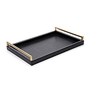 WV Serving Tray Faux Black Crocodile Leather with Brushed Gold Stainless Steel Handle (Black and Gold)