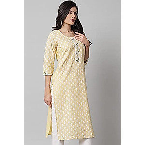 Chandrakala Women's 100% Cotton Tunic Top 3/4th Sleeve Straight Kurti Kurta,Medium,Beige (K218BEI2)