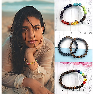 FIRAZIO 14Pcs Black Lava Stone 7 Chakra Bracelets 8mm Yinyang Rock Bead Elastic Bracelet Crystals Stones Bracelets Yoga Beaded Bracelets Essential Oil Diffuser for Men Women Jewelry