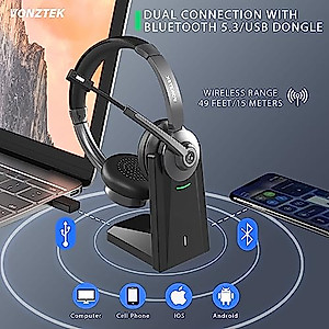 Wireless Headset,Wireless Headphones with Microphone Noise Canceling, v5.3 Bluetooth Headset with Charging Dock & Dongle, Wireless Headset with Microphone for PC,Home/Office-Black/Grey