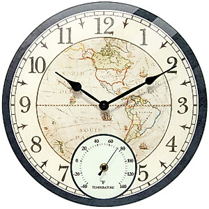 Infinity Instruments Orbis Indoor Outdoor Wall Clock and Thermometer, Traditional World Map Face with Modern Tempered Glass Design, 14 inch, Black