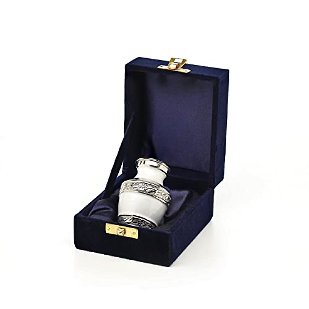 Keepsake White Silver Urn for Human Ashes, with Case and Velvet Bag – Mini Funeral Burial White by Eternal Memory (Small)
