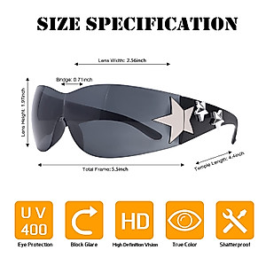 Star Y2K Sunglasses for Women,Rimless Shield, Wrap Around Glasses 2000S Trendy Aesthetic, Black Shades