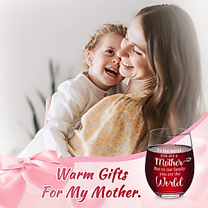 DAZLUTE Mothers Day Gifts from Daughter, To The World You are A Mother But to Our Family You are the World Stemless Wine Glass for Mom New Mom Women Mothers Day Birthday Christmas, Mom Gifts, 17Oz