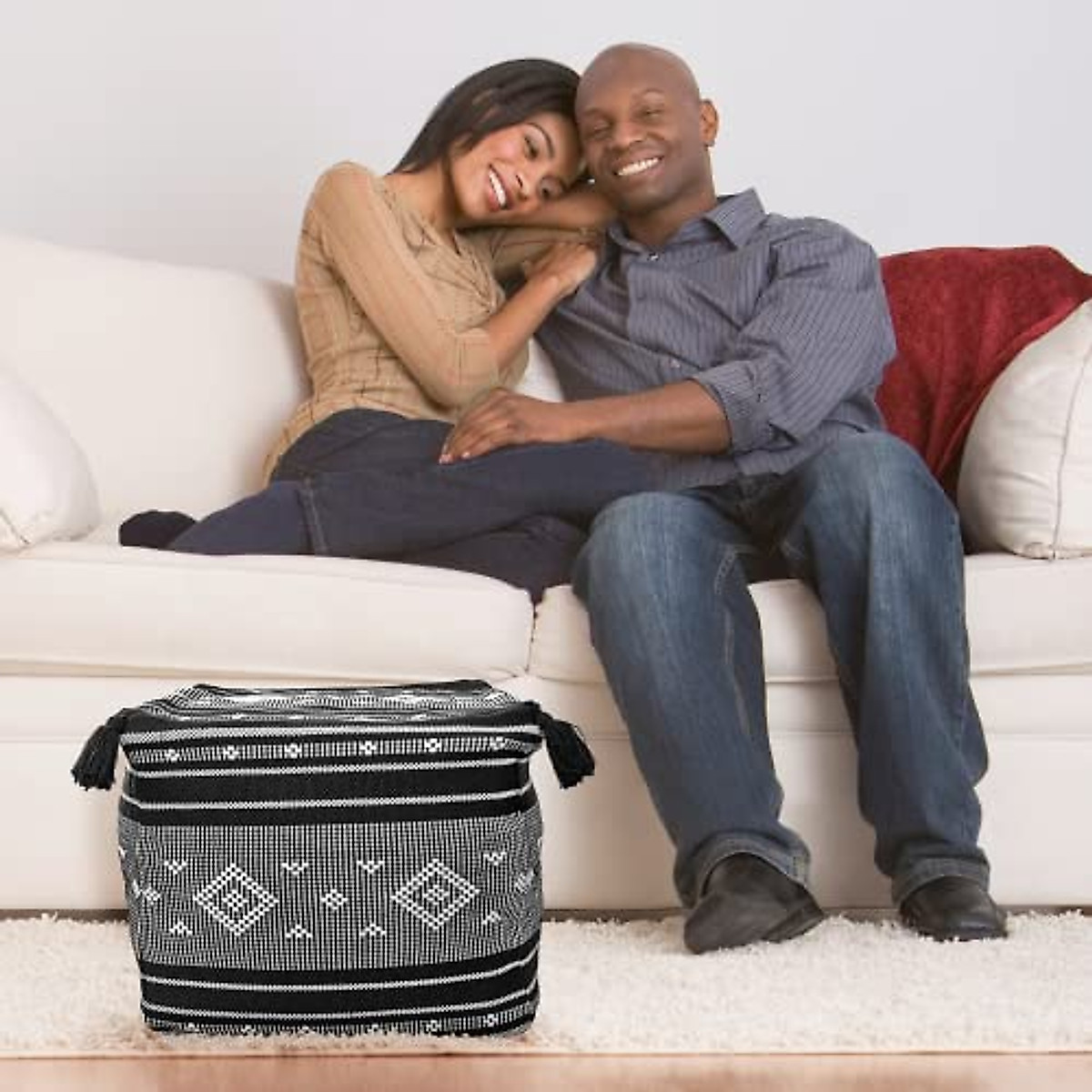 LEGACI Terrace Pouf Ottoman Outdoor Stuffable Footrest Cushion Ottoman Pouf Cover Unstuffed Storage Pouf with Multiple Filling Options Stuffable Ottoman Black and White Pouf Ottoman 18"x18"x16"