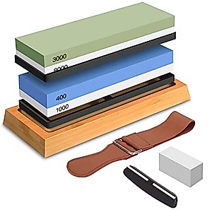 Sharpening Stone Whetstone Set 4 Side Grit 400/1000 3000/8000, Premium Whetstone Knife Sharpener, Knife Sharpening Stone Kit with Bamboo Base, Angle Guide, Leather Strop, Flattening Stone