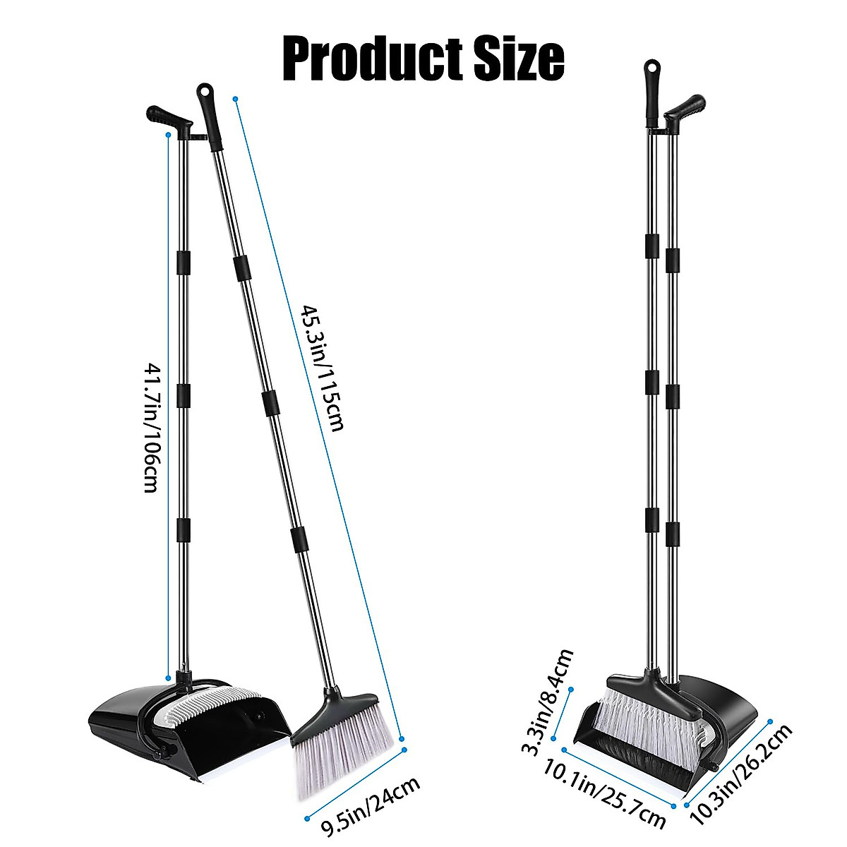 Broom and Dustpan Set with Long Handle, Windproof Stand Up Dustpan with Broom Combo for Home Kitchen Room Office Lobby Floor Use (Black&Grey, 45.3IN)
