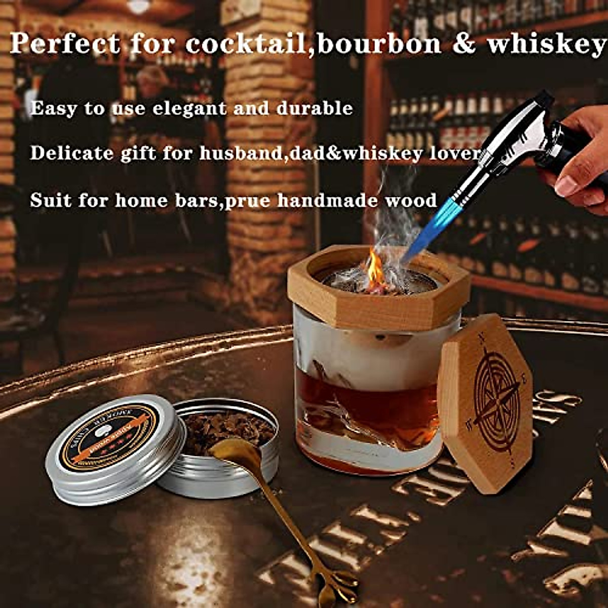 Cocktail Smoker Kit 4 Pack Of Cherry, Hickory, Apple & Oak Wood Chips - Smoke Stack for Old Fashioned Whiskey Bourbon Smoker kit Gift for Dad, Husband, Friend and Brother Increase the Party Atmosphere (hexagon)