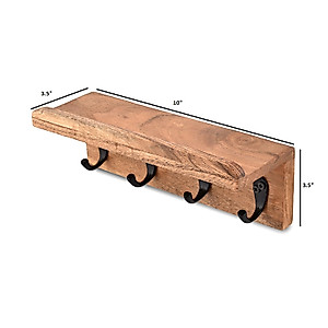 NIRMAN Acacia Wood Rustic Key Holder for Wall, Farmhouse Wall Shelf with 4 Hooks for Entryway Farmhouse Kitchen (10" x 3.5" x 3.5")