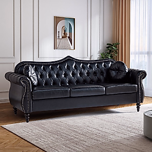 AVZEAR 82" Three Seater Sofa, Chesterfield Sofa, Mid-Century Modern PU Upholstered Sofa, Deep Button Tufted Living Room Sofa with Two Throw Pillows, Black
