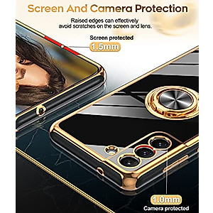 LeYi for Samsung Galaxy S21 FE 5G Case: with Tempered Glass Screen Protector [2 Pack] 360° Rotatable Ring Holder Magnetic Kickstand, Plating Rose Gold Edge Protective Case, Black