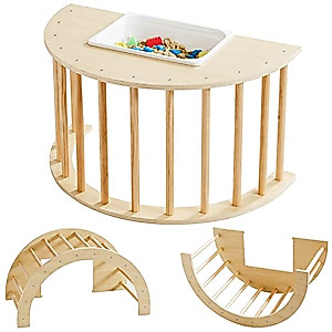 Beright 5 in1 Climbing Arch Sensory Table for Kids, Montessori Climbing Gym, Rocker Board Wooden Toy with Collapsible Storage Bin, Learning Playset