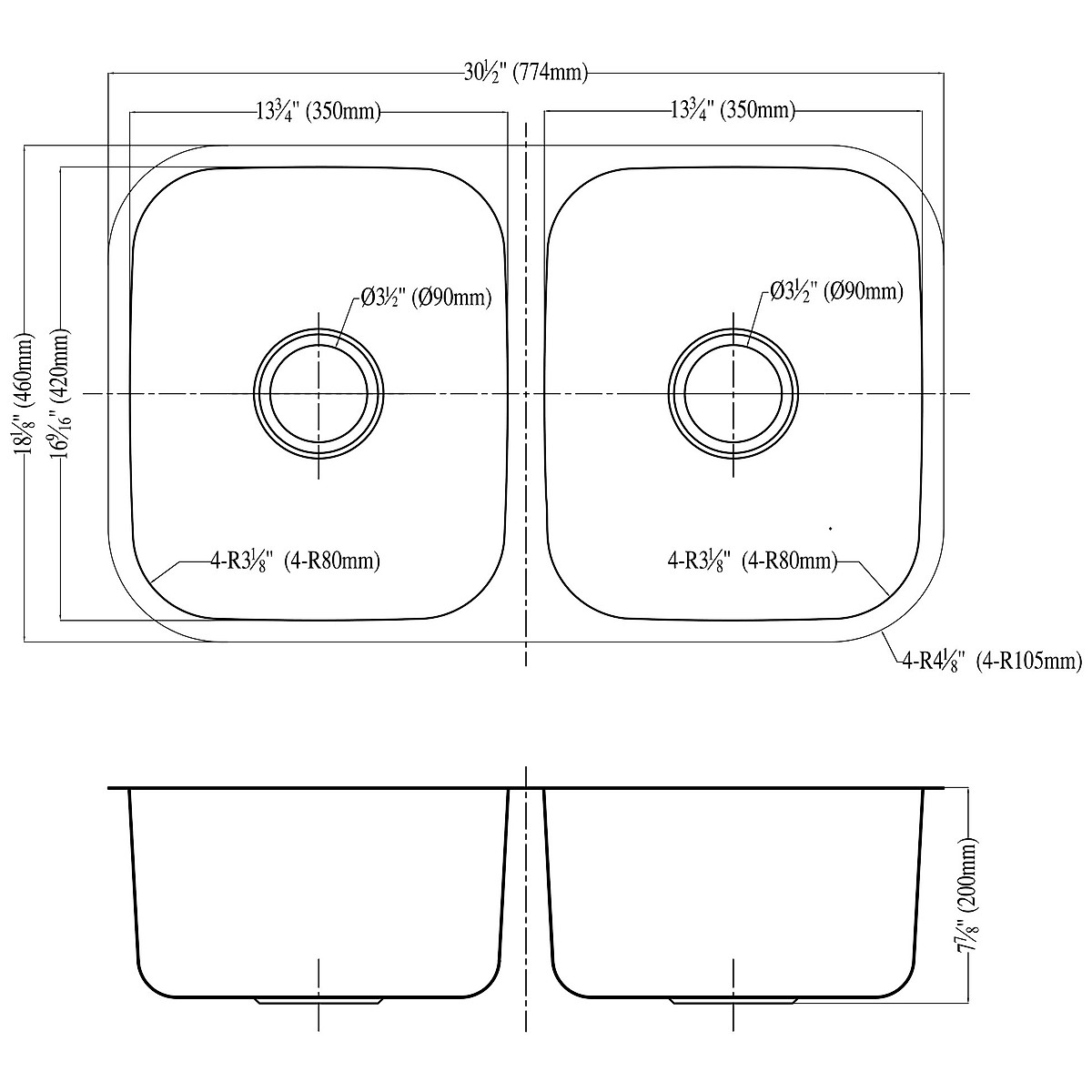 Daweier ES281616 Sink Equal Double Bowls, 18 Gauge