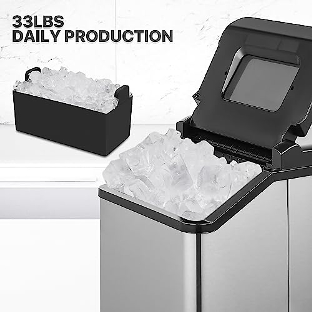 mollie Ice Machine Maker Countertop, 32 Ice Square Cubes Ready in 20 Mins, 33lbs/24 hrs, Self-Cleaning Ice Machine, 2 Size Ice Cubes for Kitchen Office Bar Party, 2.5L Water Tank