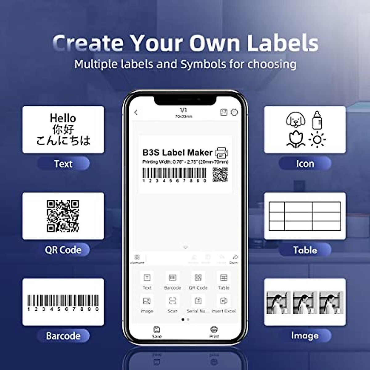 Thermal Label Printer B3S with 3 Inch Labels Tape Bluetooth Business Sticker Label Maker Suitable for Barcode, Price, Address and Storing Compatible with Android iOS and Windows for Home & Office