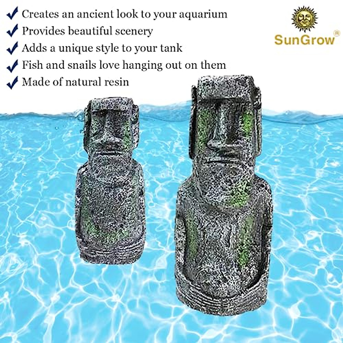 SunGrow Tropical Fish Aquarium Decor, Easter Island Statues, 7" and 5", Resin Replicas of World Famous Moai Figures, 2 Pcs
