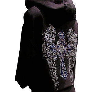 Multicolor Rhinestone Cross and Angel Wings Black Zipper Hoodie(XL)