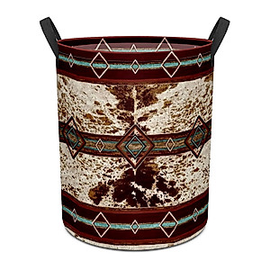 Western Aztec Cow Print Baby Laundry Hamper,Laundry Basket,Waterproof Storage Bin for Bedroom,Clothes Organizer Basket,Toys Box,Room Decor