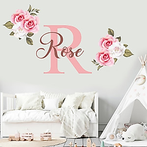Name and Initial Roses Wall Decal - Kids Wall Decor - Custom Name Removable Nursery Wall Decal for Girl - Flower Mural Wall Decal for Girls Bedroom - Flowers Name Sticker Decor