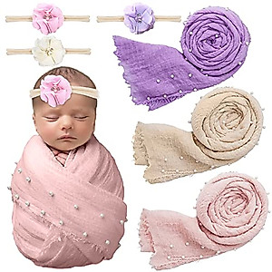 6 PCS Baby Props Photography Wrap Kits, SPOKKI 90X170cm Newborn Long Ripple Wraps with 3Pcs Flower Girl Headband Classic Outfits for Girl Princess Twins Birthday Party