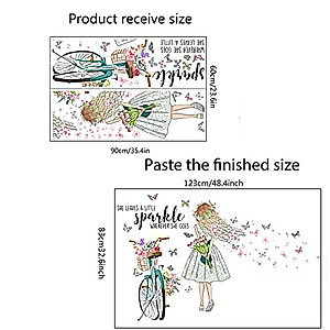 Prabahdak DIY Fairy Girl Bicycle Wall Stickers Flower Butterflies Wall Decals Removable Sparkle Girl Vinyl Wall Art for Girls Baby Nursery Bedroom Living Room