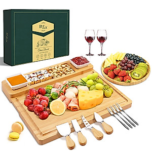 Cheese Board Charcuterie Board, Large Bamboo Platter for Serving Cheese, Meat, Unique Housewarming Gifts for Women, Anniversary, Wedding Gifts for Couple, Bridal Shower Gift