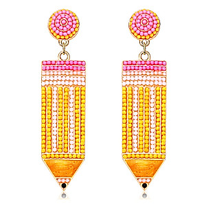 Teacher Earrings Beaded Pencil Earrings for Women Handmade Beaded Dangle Drop Earrings Back To School Teacher Appreciation Gift (Yellow)