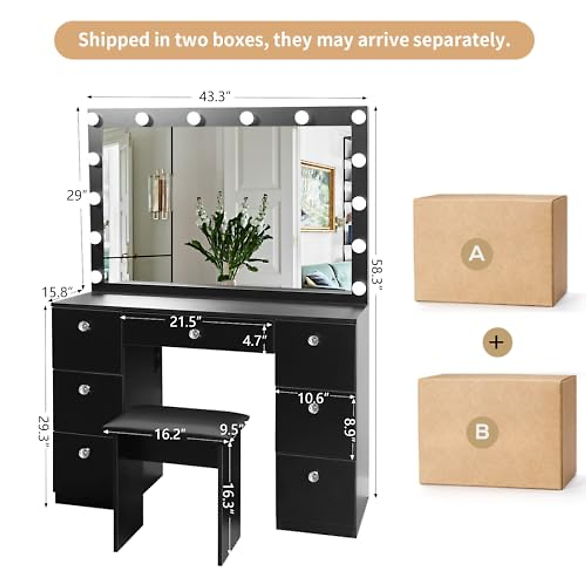 SMOOL Vanity with Lighted Mirror, Makeup Desk Power Outlet and LED Bulbs, 3 Color Lighting Modes Adjustable Brightness, 7 Drawers Table Cushioned Stool for Women Girls, 44'' L, 2-black