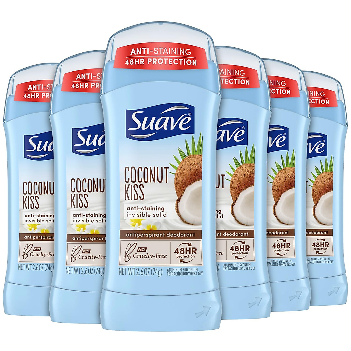 Suave Deodorant for Women, Coconut Kiss – Invisible Solid Antiperspirant Deodorant Stick, 48H Protection, 2.6 Oz Ea (Pack of 6)