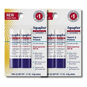 Aquaphor Lip Repair Stick with Sunscreen, Lip Protectant, Soothes Dry Chapped Lips, 0.17 Oz Stick, 2 Count (Pack of 2)