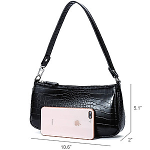 Small Shoulder Bags for Women Mini Handbags with Croc Pattern (Black with Leather Strap)
