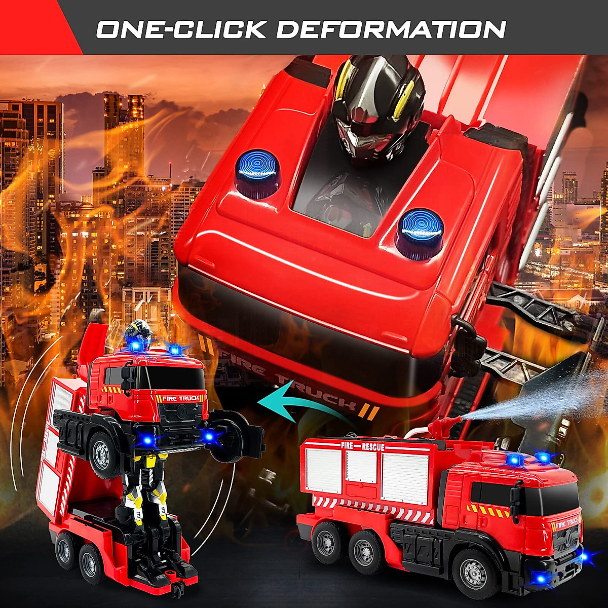 Remote Control Fire Truck With Led Sounds,RC Fire Truck Car Toy With 3pcs Small Firetrucks 10pcs Roadblock Models, One Button Press Spraying Water Transformer Fire Truck Toys For Kids Toddlers Boys