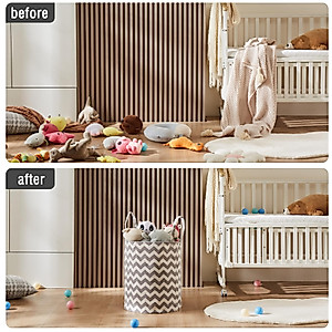 TECHMILLY Baby Laundry Basket with Long Handles, 63L Collapsible Kids Laundry Hamper, Toy Storage Basket for Nursery, Bedroom Decor for Girls and Boys (Grey Chevron)