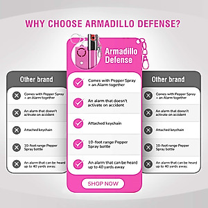 ARMADILLO DEFENSE Pepper Spray and Personal Alarm Key Chain Bundle (4 Pack) for Protection and Self Defense, Safeguard for Women and Men, Tear Gas and Panic Button (Pink)