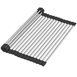 CANWELL 17"x15" Roll Up Dish Drying Rack, Premium 304 Stainless Steel Over Sink Kitchen Drainer Rack with Silicone Rims, Black