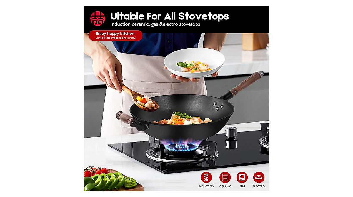 WANGYUANJI Cast Iron Wok 14.2 inch Large Stir Fry Pan with Lid