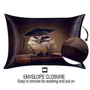 Scholar Owl Bird Satin Pillow Cases Silk Satin Pillowcase for Hair and Skin Standard Set of 2 Super Soft Silk Pillowcase with Envelope Closure (20x26 in)