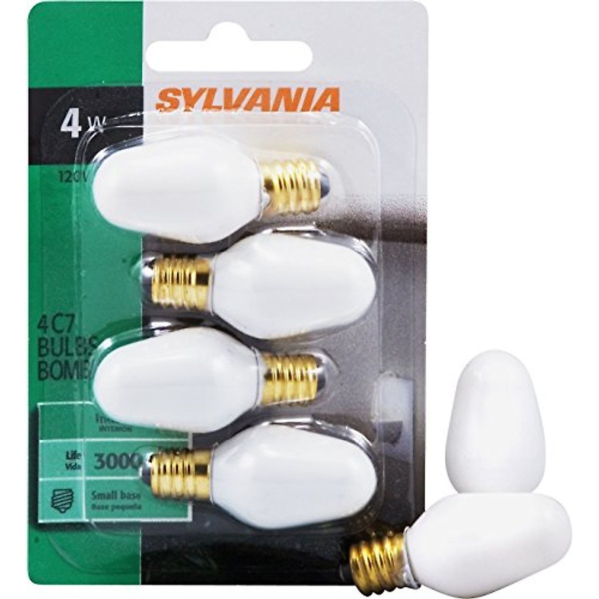 LEDVANCE LEDVANCESYLVANIA Incandescent 4W C7 Night Light Bulb, Warm White - 4 Pack (13553) & Incandescent Light Bulb, C7, 4W, Candelabra Base, 15 Lumens, Soft White - 4 Pack (13549)