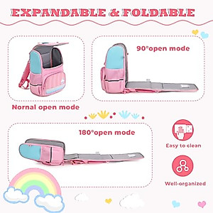 ASKSKY Kids Backpack for Girls, Kawaii Cartoon School Backpack Wide Open Bookbag for 5-10 years old with Reflective Strip, Blue Kitty