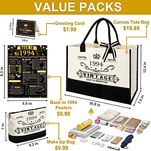 30th Birthday Gifts for Women Canvas Tote Bag Travel Gear, Unique 30 Years Old Birthday Gifts for Mom Wife Aunt Friends Her Turning 30, Vintage 1994 Beach Bag & Cosmetic Bag & Back in 1994 Poster