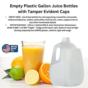 (8 PACK) 128 Oz Empty Plastic Gallon Juice Bottles with Tamper Evident WHITE Caps - Smoothie Bottles - Ideal for Juices, Milk, Smoothies, Picnic's and Even Meal Prep - Made in USA