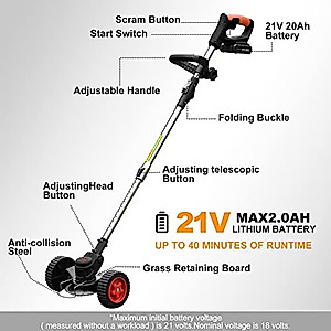 HUDAEN Cordless Grass Trimmer Weed Wacker, 3-in-1 String Trimmer Lawn Edger with 21V 2Ah Li-ion Battery for Garden and Yard with Wheel, Lightweight Adjustable Height Weed Eater Tool(Black)